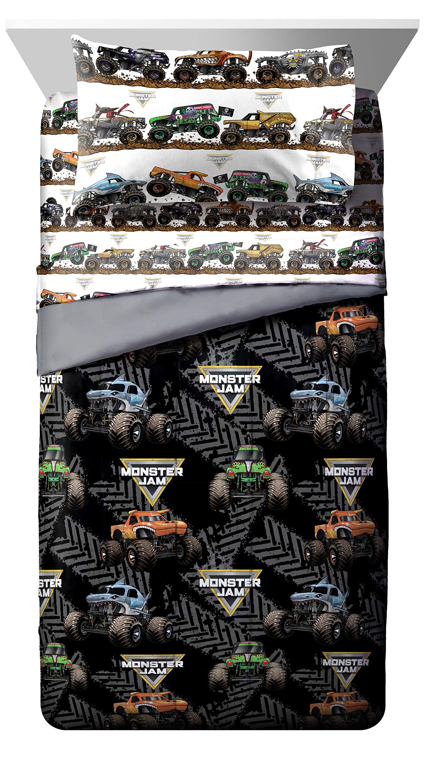 Jay Franco Monster Jam Tracks 5 Piece Full Bed Set - Includes Comforter & Sheet Set - Bedding Features Grave Digger &,Megalodon - Super Soft Fade Resistant Microfiber (Official Monster Jam Product)