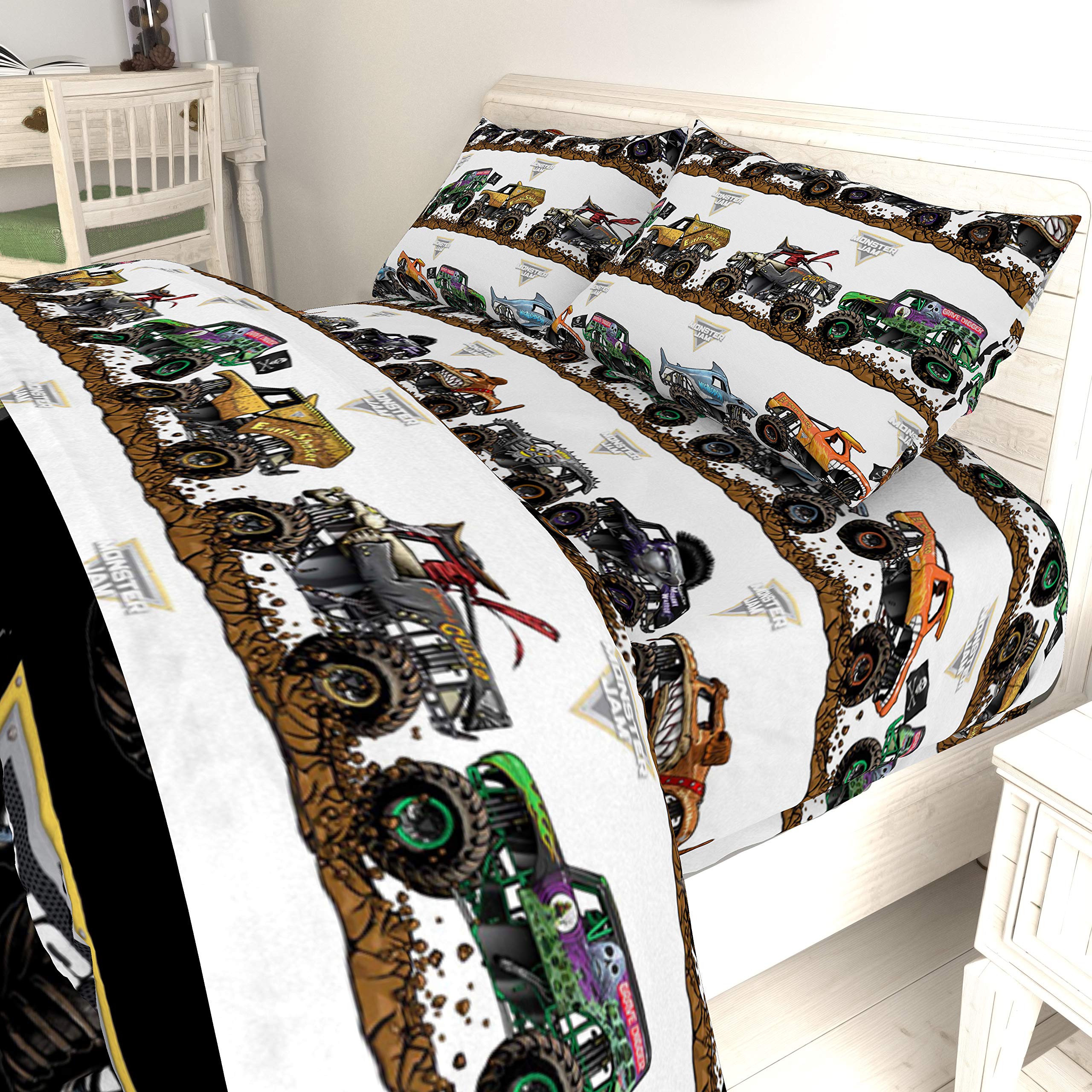 Jay Franco Monster Jam Truckin' Pals Twin Sheet Set - 3 Piece Set Super Soft and Cozy Kid’s Bedding Features Grave Digger & Megalodon - Fade Resistant Microfiber Sheets