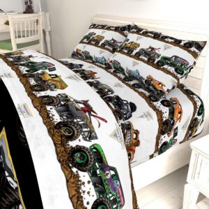 Jay Franco Monster Jam Tracks Full Sheet Set - 4 Piece Set Super Soft and Cozy Kid's Bedding Features Grave Digger & Megalodon - Fade Resistant Microfiber Sheets (Official Monster Jam Product)