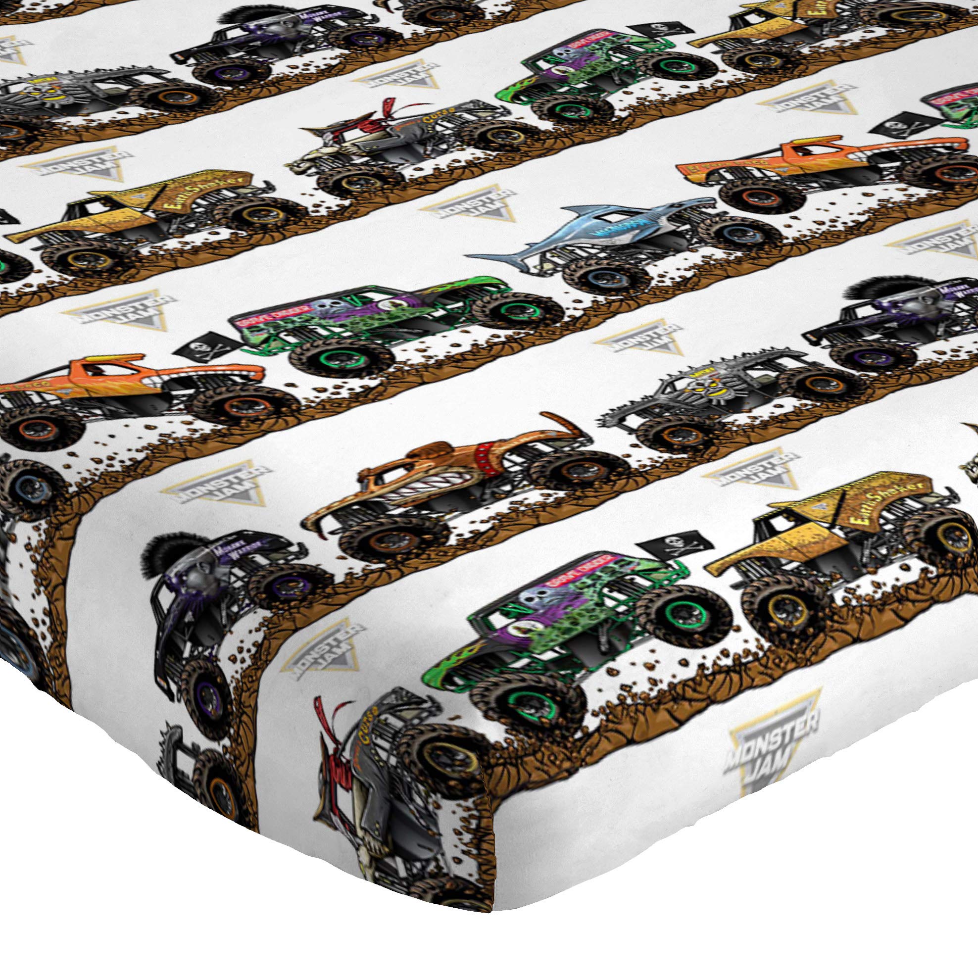 Jay Franco Monster Jam Tracks Full Sheet Set - 4 Piece Set Super Soft and Cozy Kid's Bedding Features Grave Digger & Megalodon - Fade Resistant Microfiber Sheets (Official Monster Jam Product)