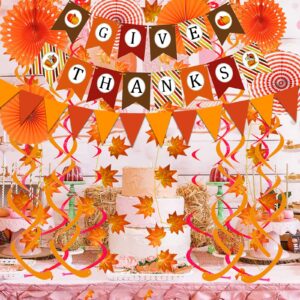 Give Thanks Banner Orange Paper Triangle Flag Bunting Maple Leaf Hanging Garland and Paper Fan Flower Swirl Streamers for Thanksgiving Theme Party Decoration