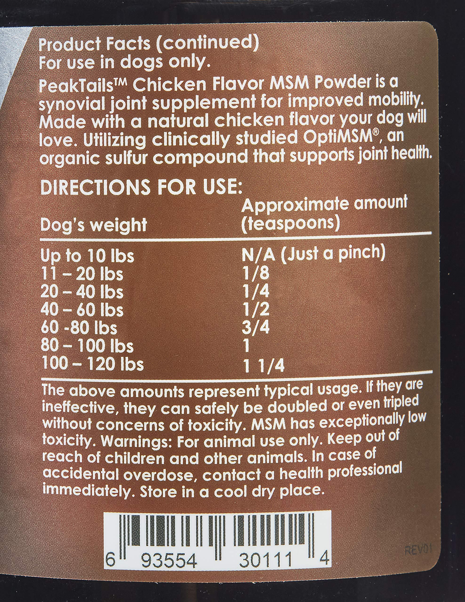 KALA HEALTH PeakTails Chicken Flavored MSM Powder for Dogs, 1 lb, Hip and Joint Support Supplement, 99.9% Pure Distilled MSM, Made in The USA