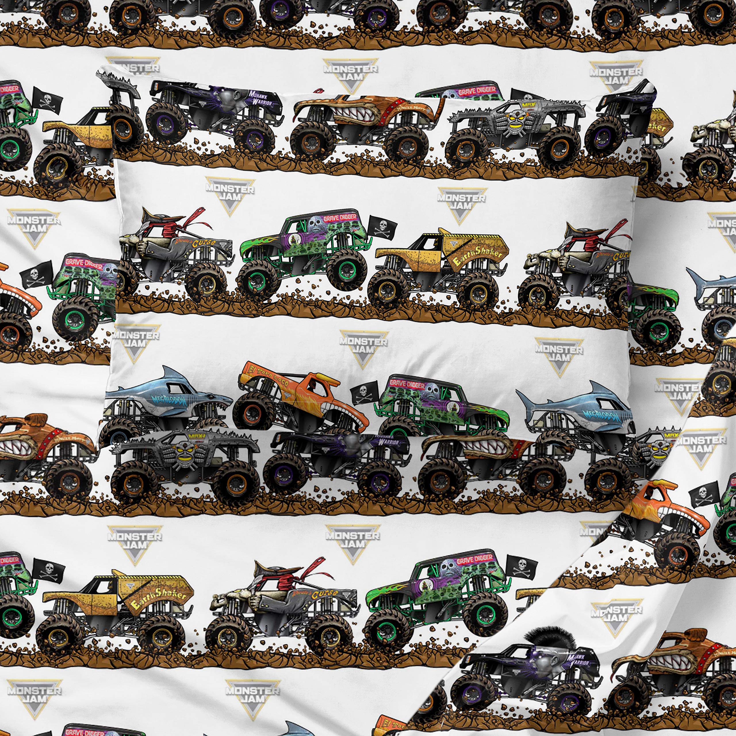 Jay Franco Monster Jam Truckin' Pals Twin Sheet Set - 3 Piece Set Super Soft and Cozy Kid’s Bedding Features Grave Digger & Megalodon - Fade Resistant Microfiber Sheets