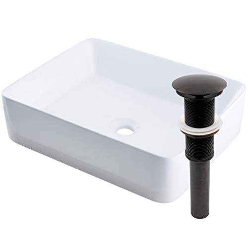 Novatto Rectangular White Porcelain Vessel Sink with Rubbed Bronze Drain Set