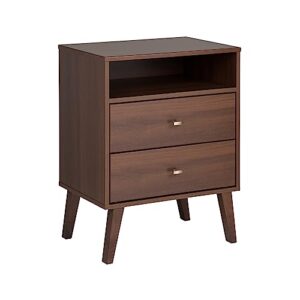 prepac milo mid-century modern 2 drawer nightstand with open shelf, bedside table, contemporary bedroom furniture, 16"d x 22.5"w x 29.5"h, cherry