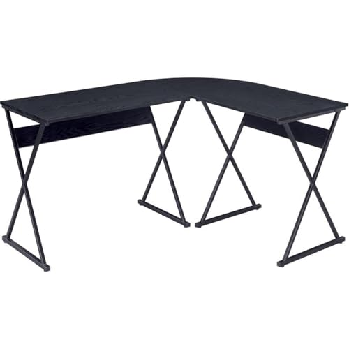 Acme Zafiri Wooden Top L-Shaped Writing Desk with X-Shaped Metal Base in Black