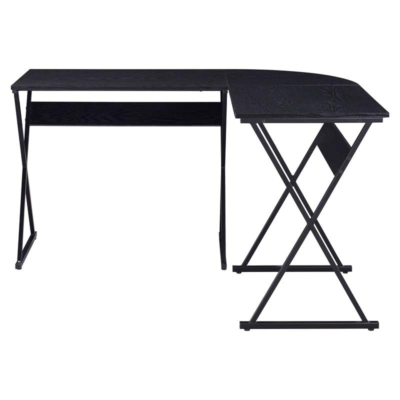 Acme Zafiri Wooden Top L-Shaped Writing Desk with X-Shaped Metal Base in Black