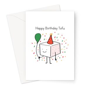 lemon loco happy birthday tofu greeting card |birthday card for vegan, silly food pun birthday card, hand illustrated tofu in a party hat birthday card