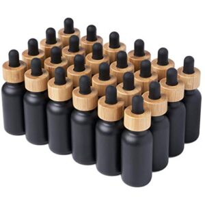 Focus Nutrition Black Boston Round 1 oz Dropper Bottles | Glass Dropper Bottles for Essential Oils | 1 oz Bottles With Bamboo Dropper Caps | 24 Pack