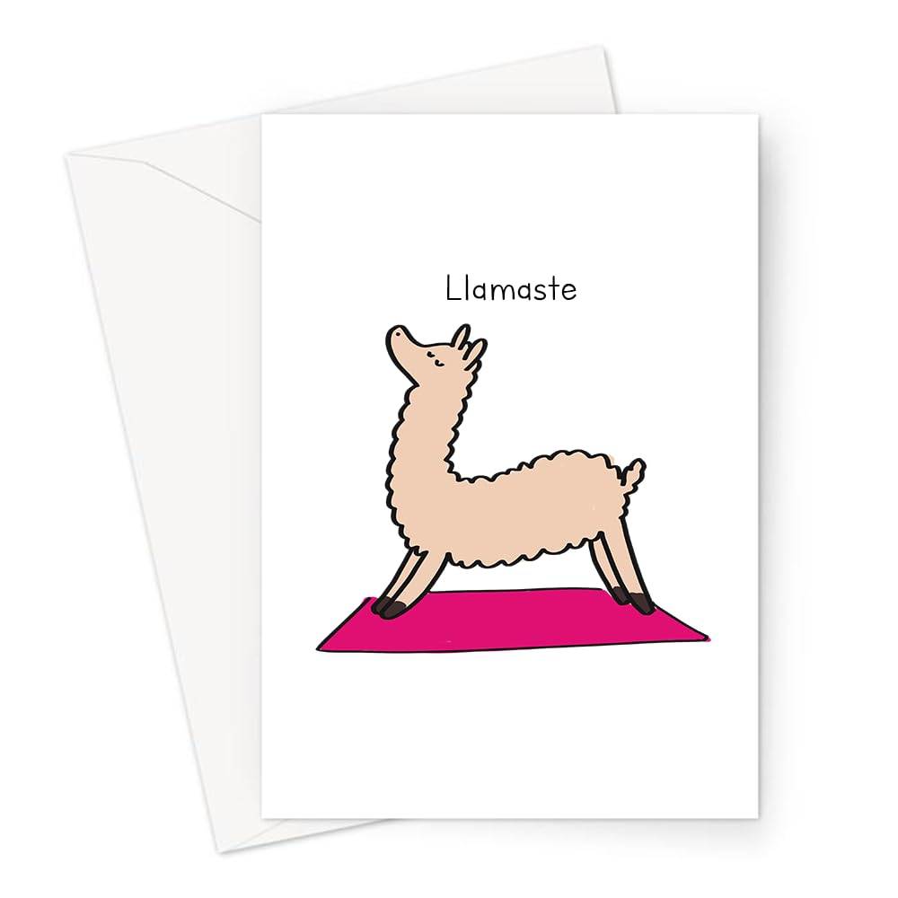 LEMON LOCO Llamaste Greeting Card | Deadpan Yoga Doodle Birthday Card For Yogi, llama In Cow Pose Doodle, Namaste, Meditation