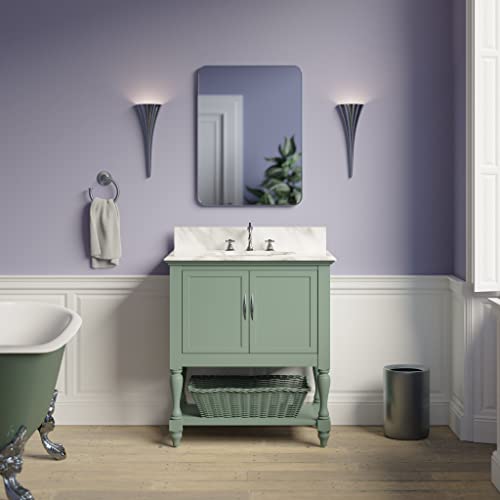 Beverly 30-inch Bathroom Vanity (Carrara/Sage Green): Includes Sage Green Cabinet with Authentic Italian Carrara Marble Countertop and White Ceramic Sink