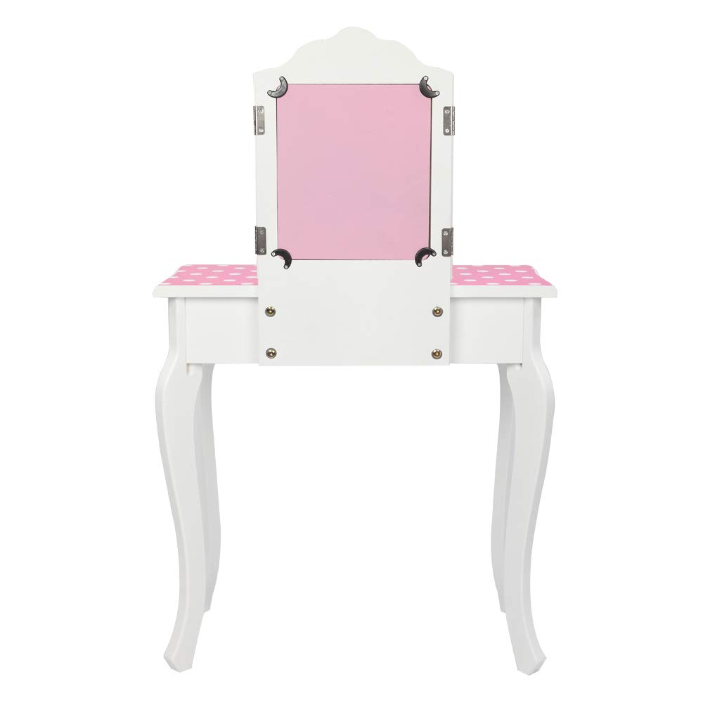 Kcelarec Kids Vanity Table and Chair Set with Mirror, Makeup Dressing Table with Drawer,Wooden Princess Makeup Table with Stool (Pink Dots)