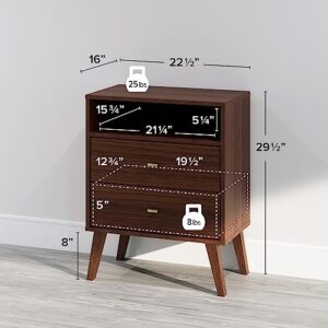 Prepac Milo Mid-Century Modern 2 Drawer Nightstand with Open Shelf, Bedside Table, Contemporary Bedroom Furniture, 16"D x 22.5"W x 29.5"H, Cherry