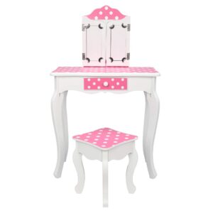 Kcelarec Kids Vanity Table and Chair Set with Mirror, Makeup Dressing Table with Drawer,Wooden Princess Makeup Table with Stool (Pink Dots)