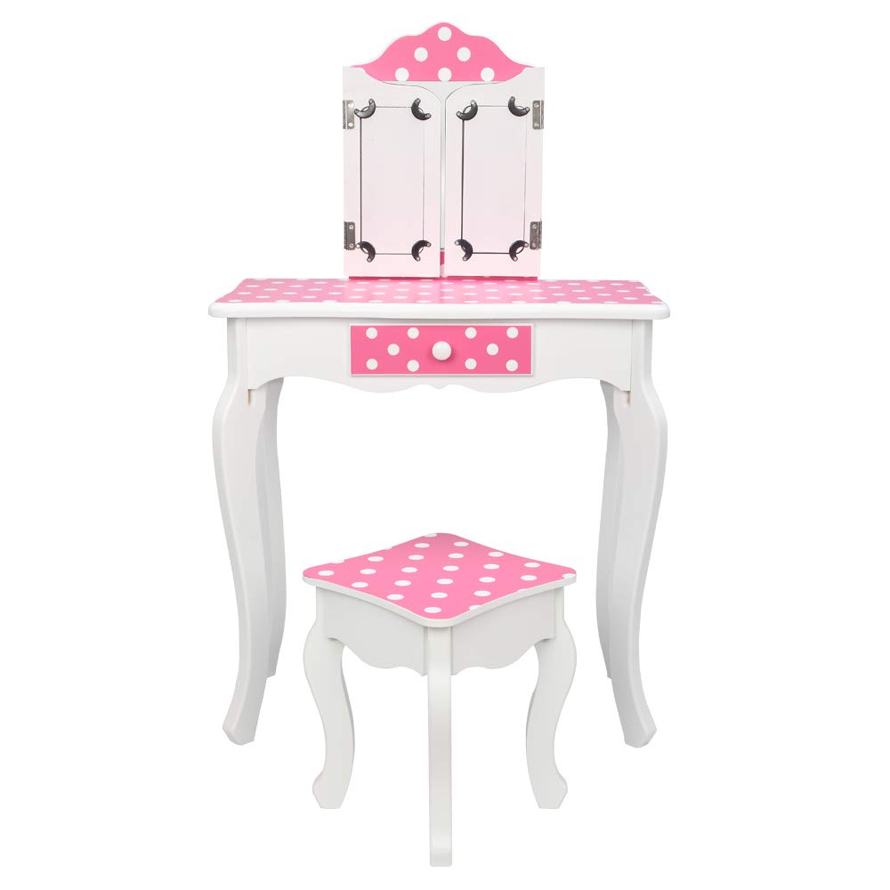 Kcelarec Kids Vanity Table and Chair Set with Mirror, Makeup Dressing Table with Drawer,Wooden Princess Makeup Table with Stool (Pink Dots)