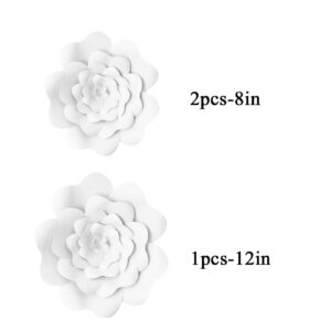 YLY's love 3D Paper Flower Decorations Giant Paper Flowers Party DIY Handcrafted Paper Flowers for Wedding Backdrop Bridal Shower Baby Shower Nursery Wall Home Decor (White, 3pcs-2x8in,1x12in)