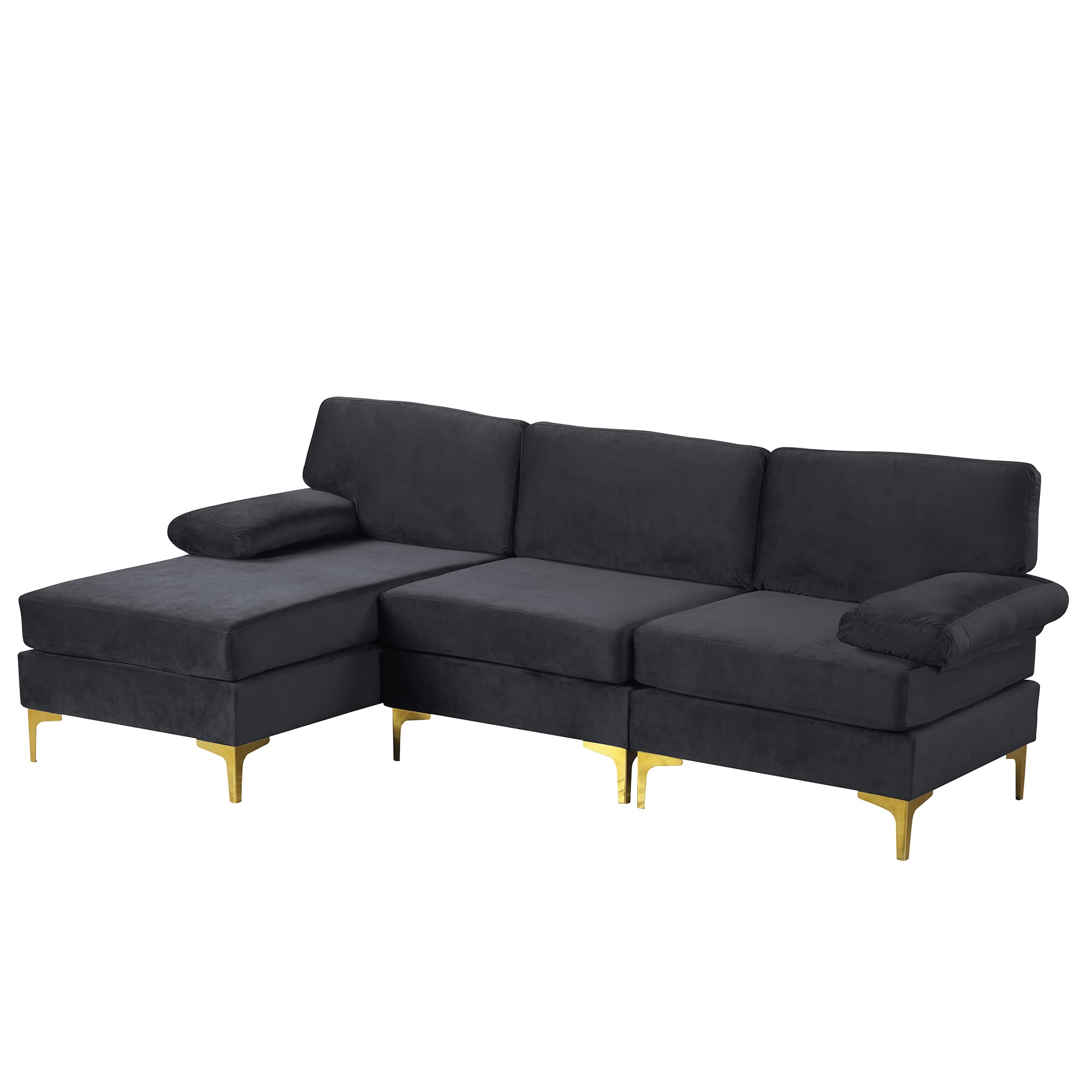 Casa Andrea Milano Modern Large Velvet Fabric Sectional Sofa Couch with Extra Wide Chaise Lounge with Golden Legs