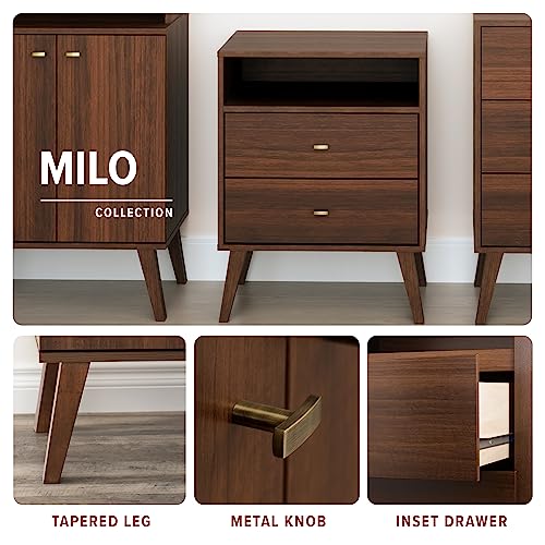 Prepac Milo Mid-Century Modern 2 Drawer Nightstand with Open Shelf, Bedside Table, Contemporary Bedroom Furniture, 16"D x 22.5"W x 29.5"H, Cherry