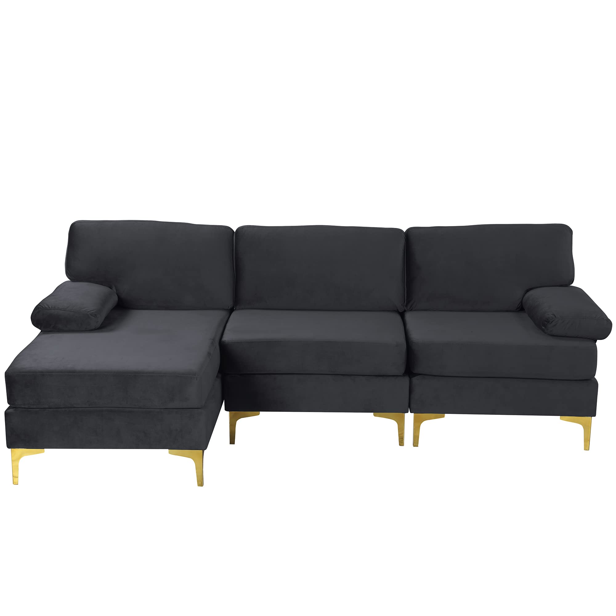 Casa Andrea Milano Modern Large Velvet Fabric Sectional Sofa Couch with Extra Wide Chaise Lounge with Golden Legs