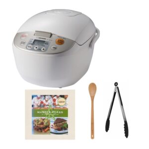 zojirushi micom rice cooker and warmer (10-cup/beige) bundle with cookbook, kitchen tongs (stainless steel, black) and 15-inch bamboo spoon (4 items)