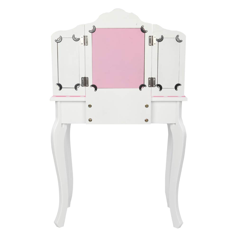 Kcelarec Kids Vanity Table and Chair Set with Mirror, Makeup Dressing Table with Drawer,Wooden Princess Makeup Table with Stool (Pink Dots)