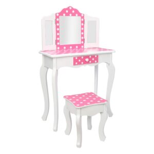 kcelarec kids vanity table and chair set with mirror, makeup dressing table with drawer,wooden princess makeup table with stool (pink dots)