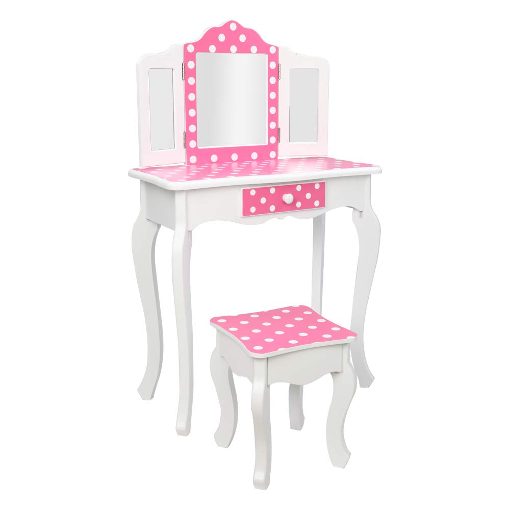 Kcelarec Kids Vanity Table and Chair Set with Mirror, Makeup Dressing Table with Drawer,Wooden Princess Makeup Table with Stool (Pink Dots)