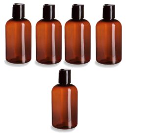 natural farms 5 pack - 4 oz – empty squeeze plastic bottle - amber boston with black flip top - for essential oils, perfumes, cleaning products