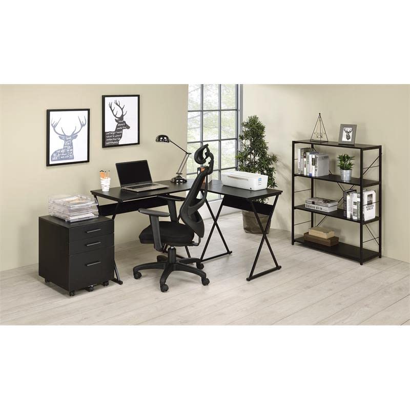 Acme Zafiri Wooden Top L-Shaped Writing Desk with X-Shaped Metal Base in Black