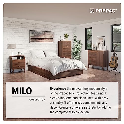 Prepac Milo Mid-Century Modern 2 Drawer Nightstand with Open Shelf, Bedside Table, Contemporary Bedroom Furniture, 16"D x 22.5"W x 29.5"H, Cherry