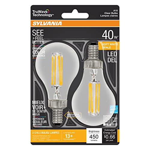 SYLVANIA LED TruWave Natural Series Ceiling Fan / Fixture Light Bulb, 40W A15 Soft White Candelabra Base, Dimmable, Clear - 2 Pack