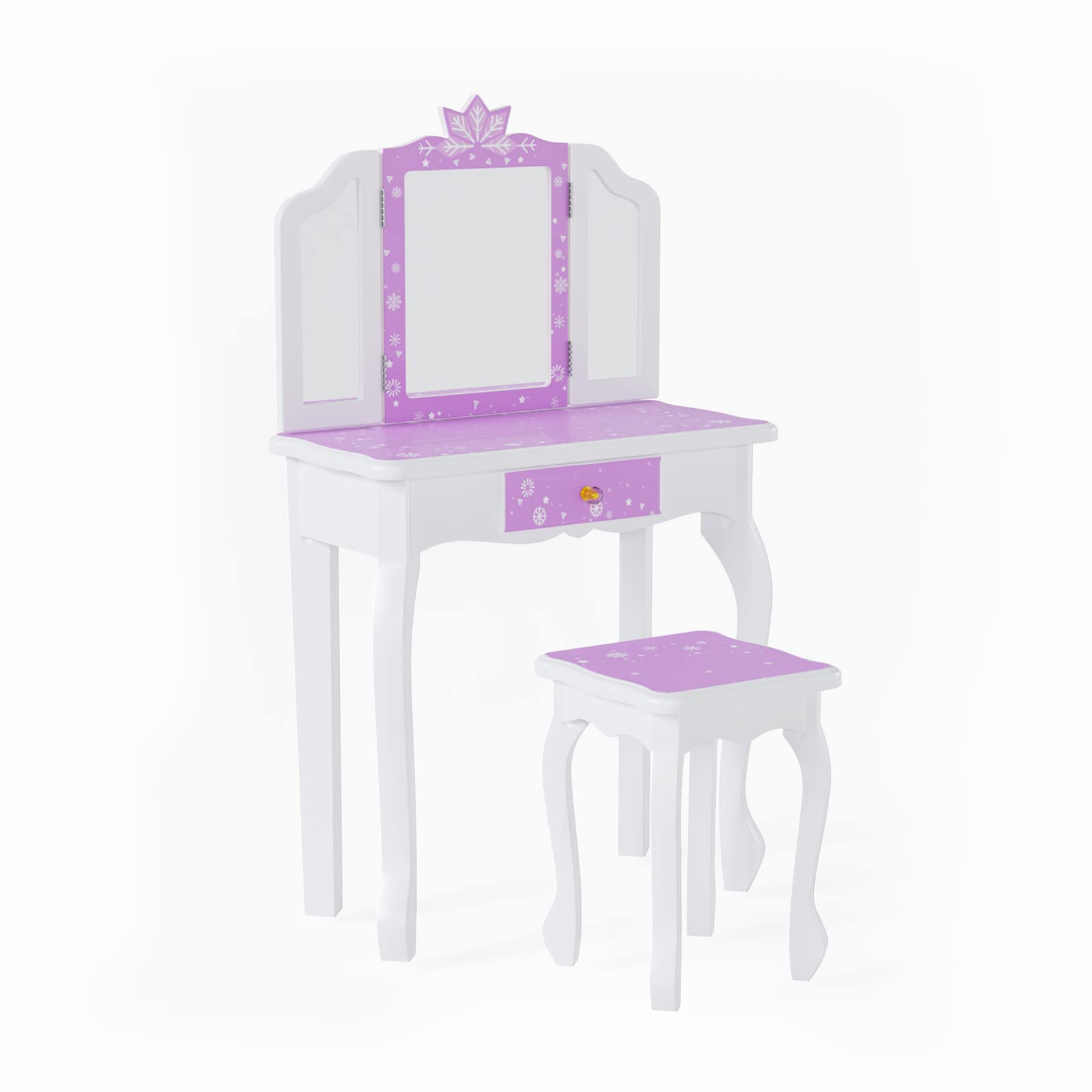 JOYMOR Kids Vanity Set, Wooden Princess Makeup Table with Stool, Tri-Folding Mirror, Large Drawer, Solid Wooden Legs Pretend Beauty Make Up Dressing Play Set for Girls Best Gift (Purple)