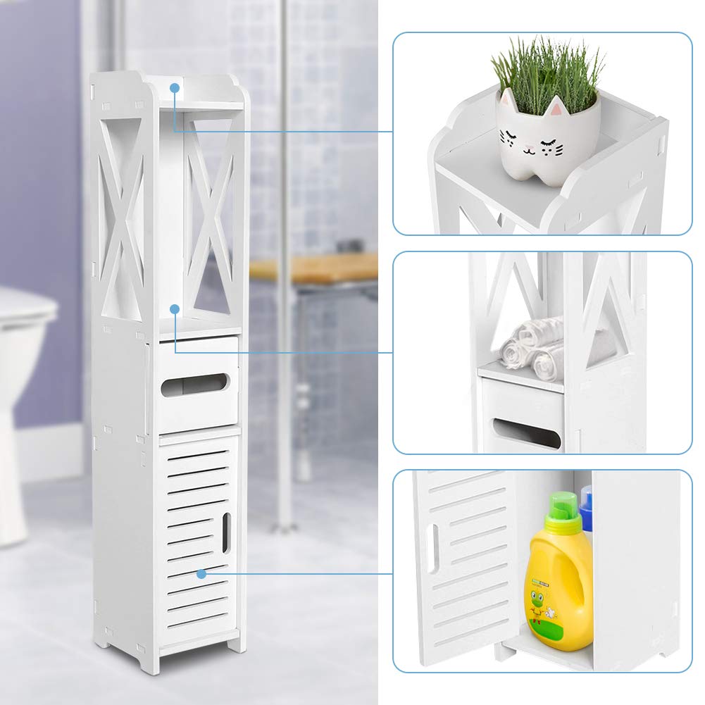 Bathroom Toilet Cabinet White Wood Cabinet Bathroom Floor Cabinet Freestanding Cabinet Fabric Shelf Shelf, 31.5 x 6.1 x 5.9in