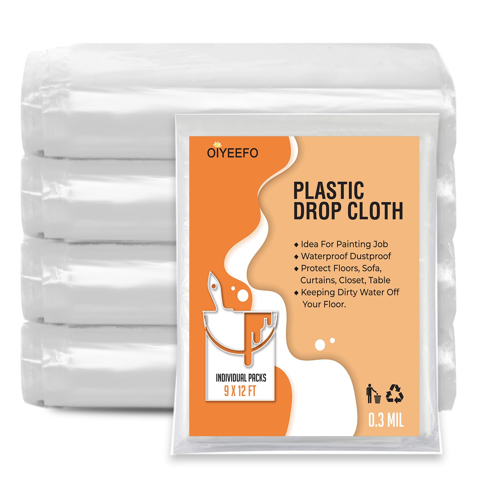 OIYEEFO Clear Plastic Sheeting Drop Cloths for Painting, 5 Pcs 9x12ft Plastic Tarp Waterproof Dustproof Almost Tear Resistance Multi-Purpose Furniture Cover Floor Wall Protection Film