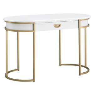 leick home 85405 oval metal leg desk with drop front keyboard drawer, cottage white/gold