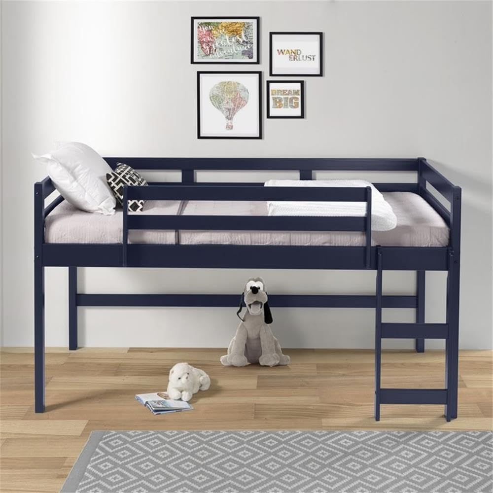 Acme Lara Twin Wooden Loft Bed with Guard Rail and Ladder in Navy Blue