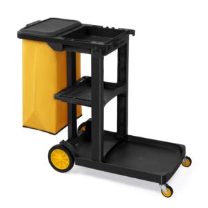 tuffiom commercial traditional cleaning 3-shelf janitorial cart, 500 lbs capacity housekeeping cart, wheeled with yellow vinylbag and cover w lid, black