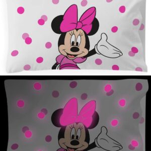 Jay franco Disney Minnie Mouse Glow in The Dark 2 Pack Reversible Pillowcases - Double-Sided Kids Super Soft Bedding (Official Disney Product)