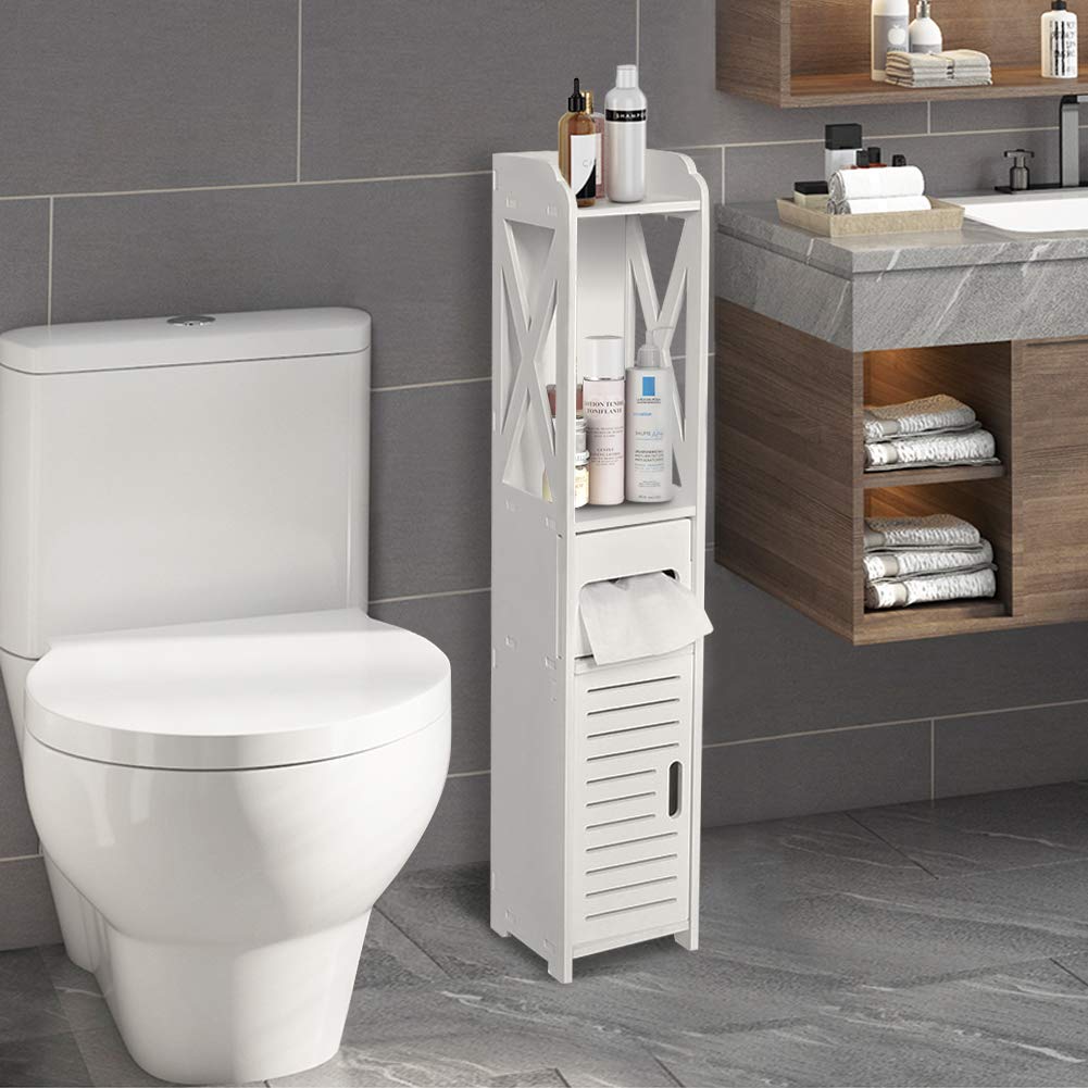 Bathroom Toilet Cabinet White Wood Cabinet Bathroom Floor Cabinet Freestanding Cabinet Fabric Shelf Shelf, 31.5 x 6.1 x 5.9in