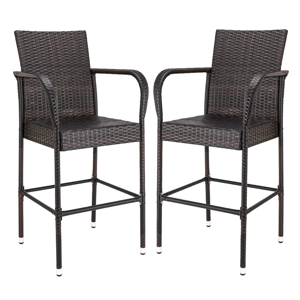 VINGLI Wicker Bar Stools Outdoor Set of 2, Outdoor Bar Height Chairs, Patio Furniture Bar Stools Wicker for Garden Pool Lawn Backyard