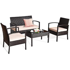 dortala 4 piece wicker patio furniture set, outdoor pe rattan conversation set with loveseat, chairs & coffee table for backyard porch garden poolside balcony