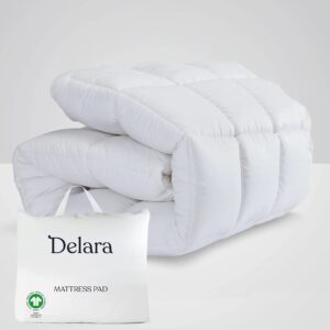 delara 100% waterproof 2 in 1 mattress protector & mattress pad -quilted fitted down alternative mattress pad cover, waterproof membrane, gots certified breathable organic cotton shell 18" deep pocket