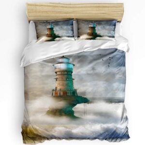 futuregrace lighthouse in roaring ocean waves durable duvet cover set 3 pieces,luxury soft comforter cover set with hidden zipper,washable washable,queen size