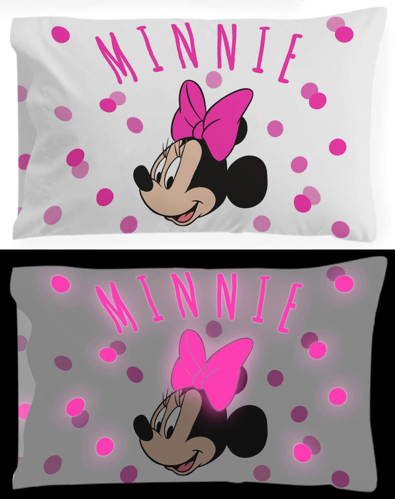 Jay franco Disney Minnie Mouse Glow in The Dark 2 Pack Reversible Pillowcases - Double-Sided Kids Super Soft Bedding (Official Disney Product)