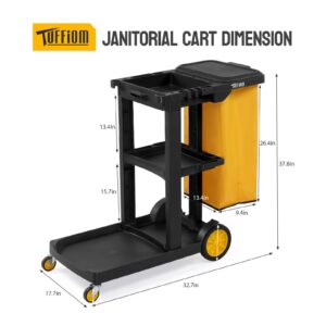 TUFFIOM Commercial Traditional Cleaning 3-Shelf Janitorial Cart, 500 Lbs Capacity Housekeeping Cart, Wheeled with Yellow VinylBag and Cover w Lid, Black