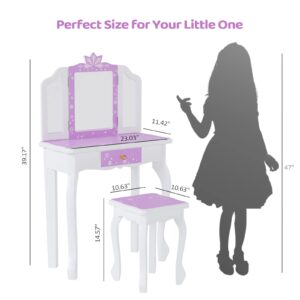 JOYMOR Kids Vanity Set, Wooden Princess Makeup Table with Stool, Tri-Folding Mirror, Large Drawer, Solid Wooden Legs Pretend Beauty Make Up Dressing Play Set for Girls Best Gift (Purple)