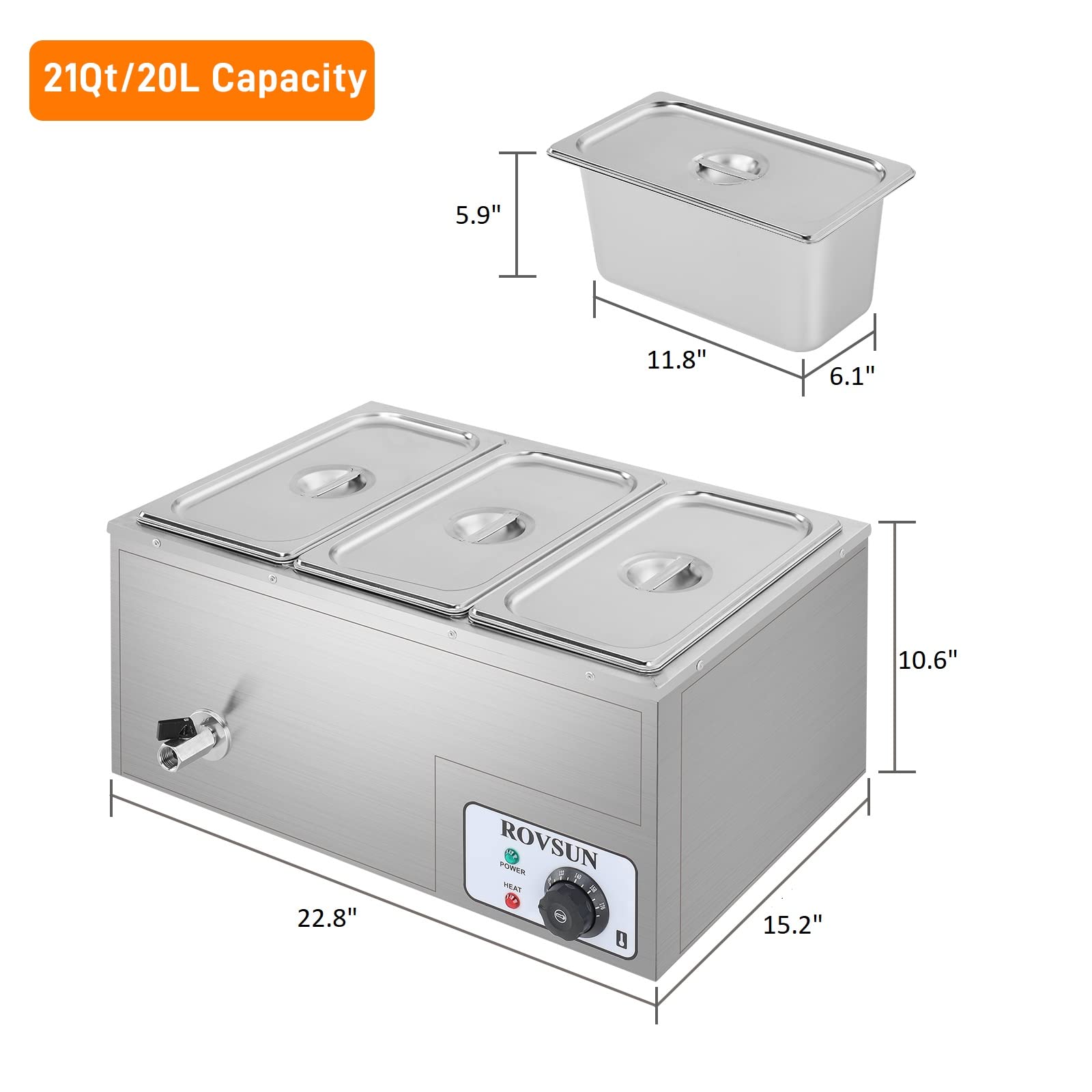 ROVSUN 21QT Electric Commercial Food Warmer, 3-Pan Steam Table 6.9 QT/Pan Stainless Steel Bain Marie Buffet Countertop with Temperature Control & Lid for Parties, Catering, Restaurants 110V