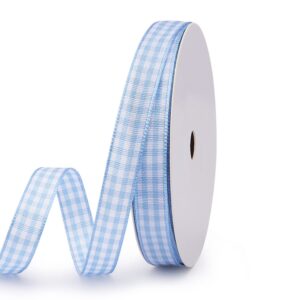 viviquen gingham ribbon checkered ribbon taffeta ribbon plaid ribbon picnic craft ribbon 100% polyester for sewing, gift, diy craft, wedding, home decoration 3/8" x 25 yd(light blue)