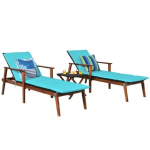 tangkula patio chaise lounge sets, outdoor acacia wood chaise lounger chair w/ 4 adjustable back position, folding table, 3 piece rattan reclining chair set w/cushion for lawn backyard (turquoise)