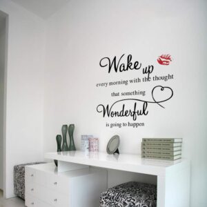 Wake Up Every Morning Wall Decal with Red Lip Sticker, Inspirational Quote Saying Wall Sticker, Vinyl Motivational Art Lettering Motto Decor, for Home Office Classroom Bedroom